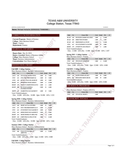 TEXAS A&M TRANSCRIPT | PDF