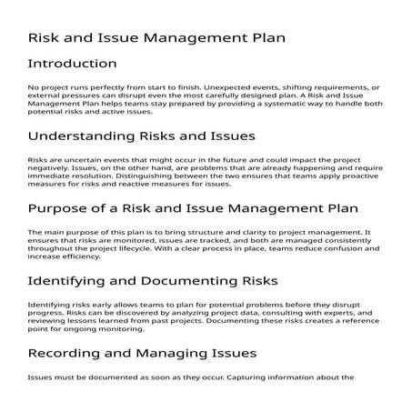 What is Risk and Issue Management Plan and why its important? | PDF