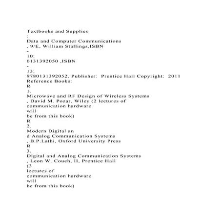 Textbooks and SuppliesData and Computer Communications, 9E.docx