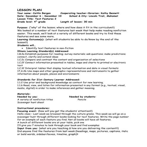 Text Features 2 Lesson Plan | PDF