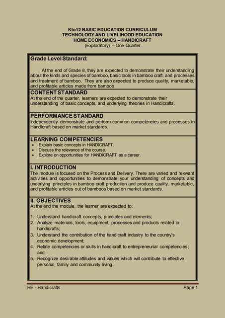 TLE/HE Handicraft Curriculum Guide | PDF