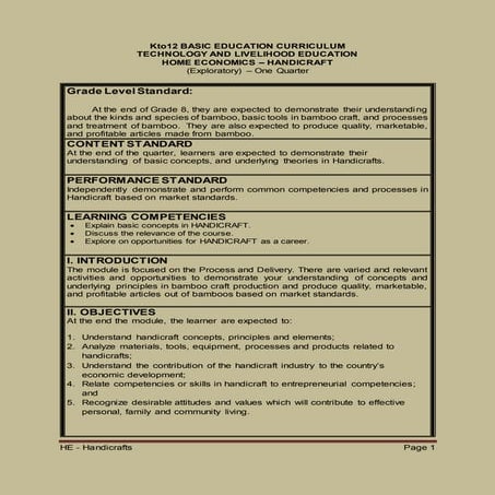 TLE/HE Handicraft Curriculum Guide | PDF