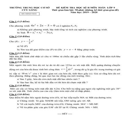 Đề Thi HK2 Toán 9 -THCS Cửu Long | PDF