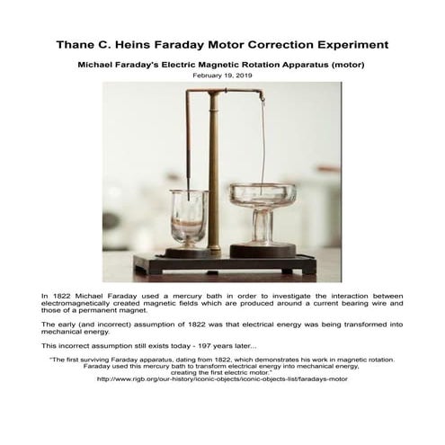 Thane C. Heins Correction Experiment Michael Faraday's Electric ...