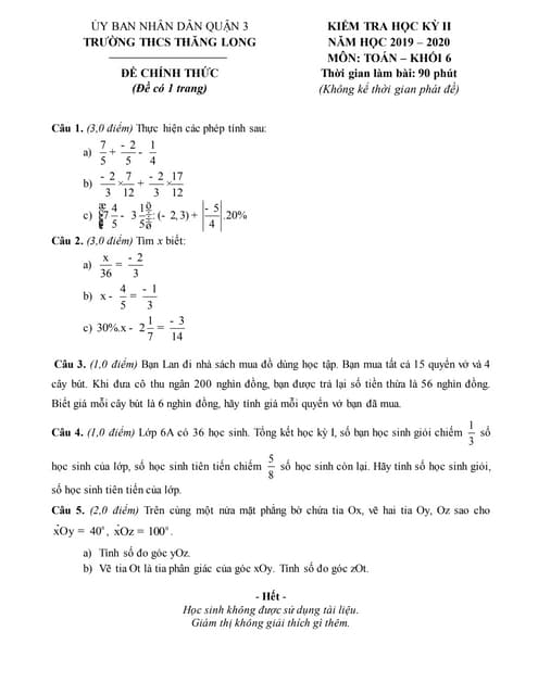 Đề Thi HK2 Toán 6 - THCS Bàn Cờ | PDF