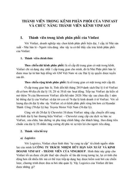 Những ưu và nhược điểm của Kênh phân phối Vinfast | DOCX