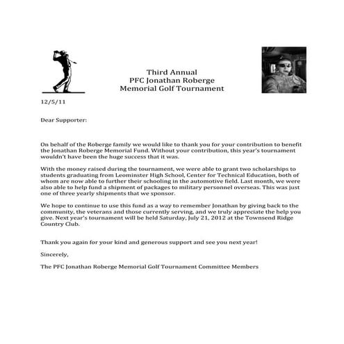 Thank You Letter - Memorial Golf Tournament | DOCX