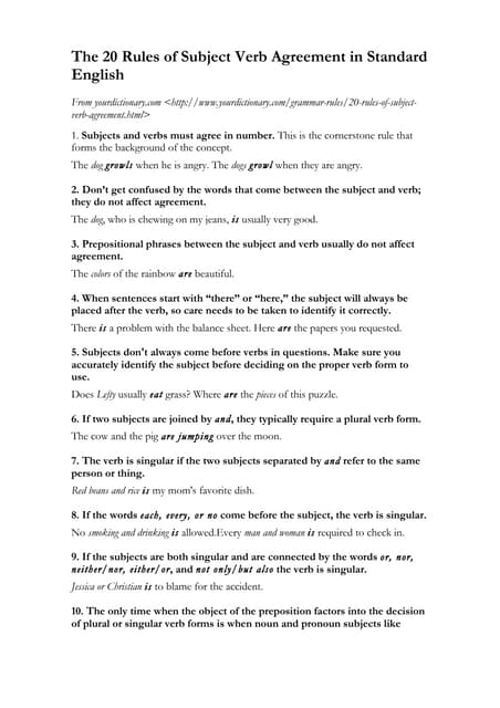20 rules of subject verb agreement | PDF