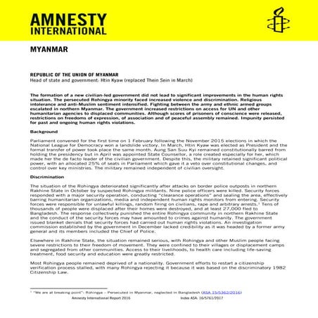 THE AMNESTY INTERNATIONAL REPORT ON MYANMAR 2016/17 ENGLISH-BURMESE ...