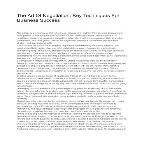 The Art Of Negotiation: Key Techniques For Business Success | PDF