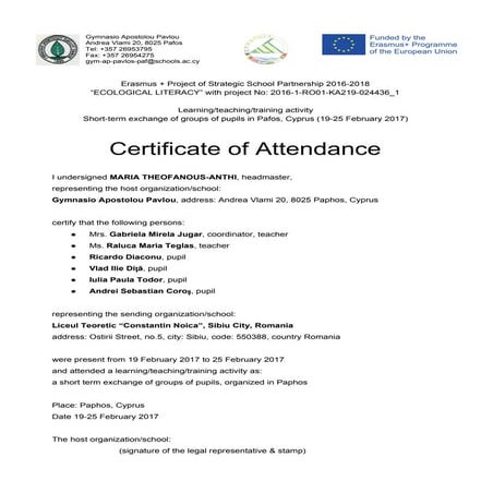 The Attendance Certificate of the Mobility in Cyprus | PDF