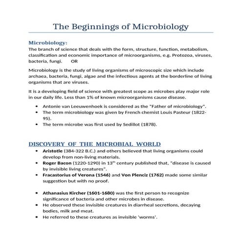The beginnings of Microbiology (discovery, development, scope ...