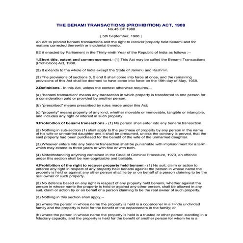 The benami transactions prohibition act 1988 | PDF