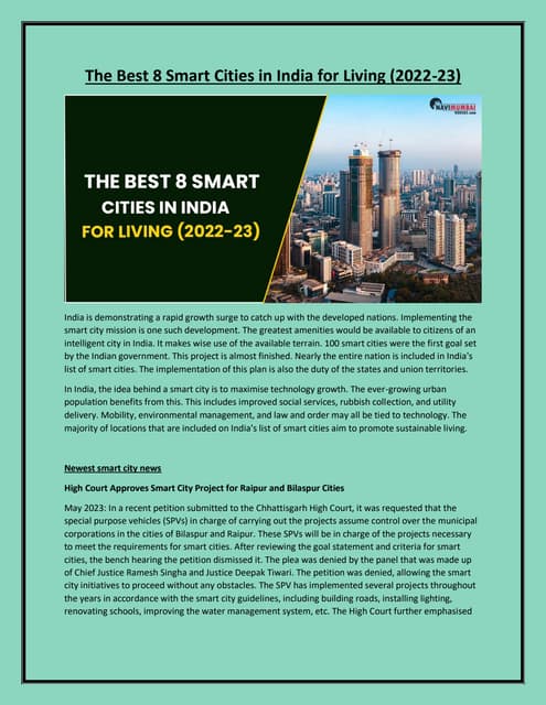 Top 8 Smart Cities in India for Living | PDF
