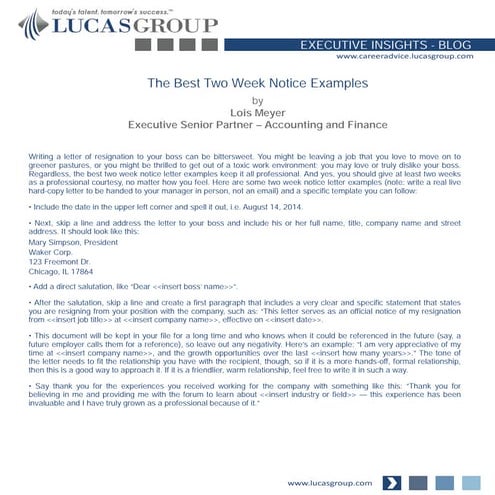 The Best Two Weeks Notice Examples | PDF