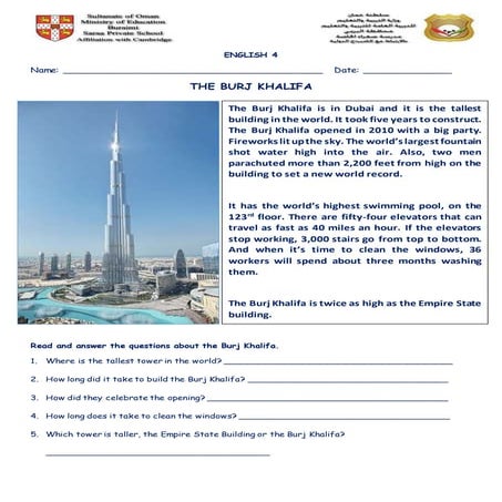 Reading worksheet: The Burj Khalifa | DOCX