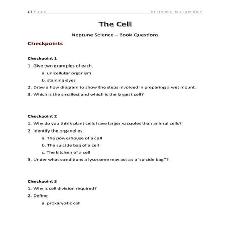 CBSE - Grade 8 - Biology - The Cell - Neptune Science - Exercise | PDF