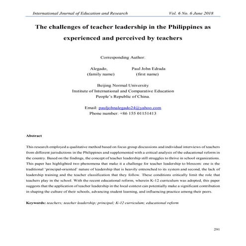 THE CHALLENGES OF TEACHER LEADERSHIP IN THE PHILIPPINES AS EXPERIANCE ...