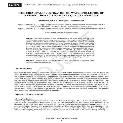 The chemical investigation on water pollution of kurnool district by ...