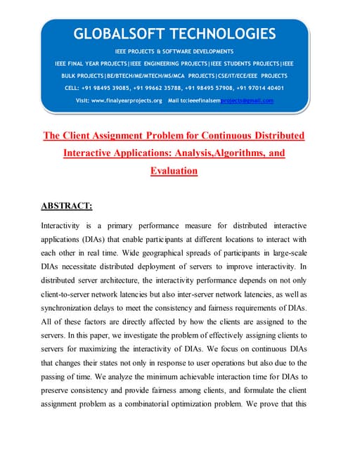 2014 Ieee Java Parallel Distributed Project The Client Assignment Problem For Continuous