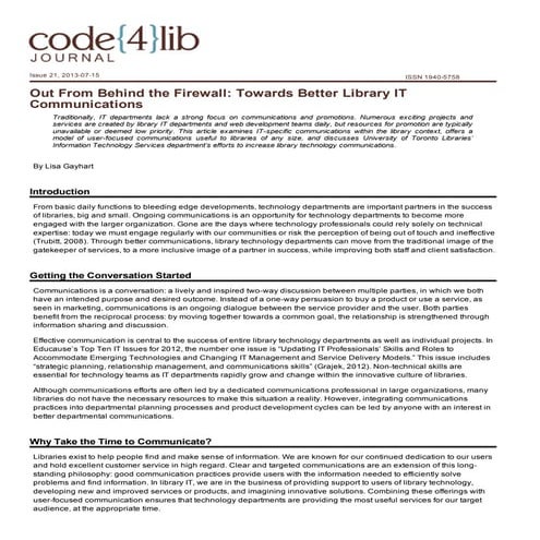 Out From Behind the Firewall: Towards Better Library IT Communications ...