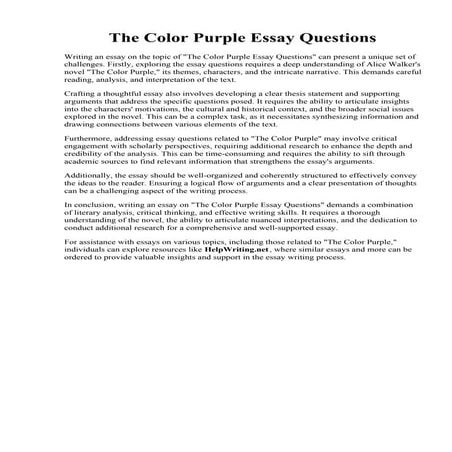 The Color Purple Essay Questions | PDF