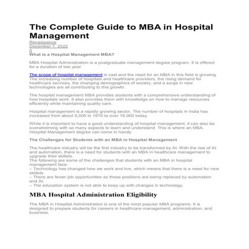 The Complete Guide to MBA in Hospital Managemen | PDF