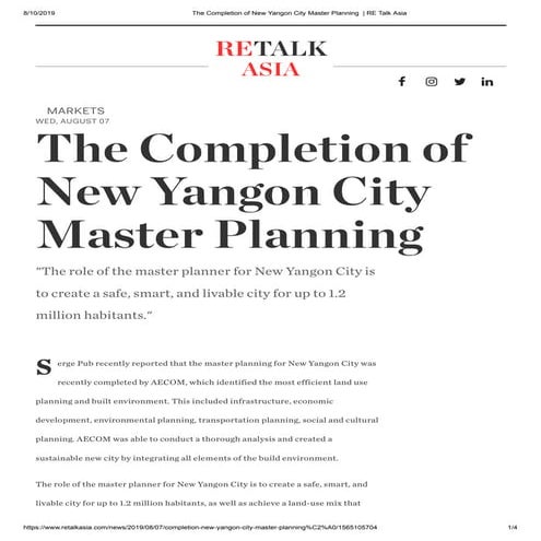 THE COMPLETION OF NEW YANGON CITY MASTER PLANNING 2019 AUGUST 07 | PDF