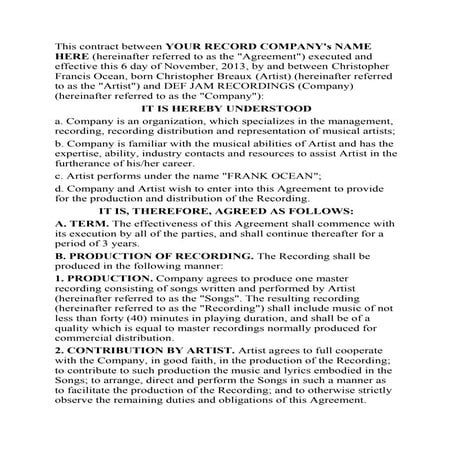 The contract for 'Frank Ocean' signing to 'Def Jam Recordings' - a2 ...