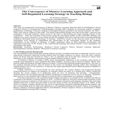 The convergence of mastery learning approach and self regulated learning strategy in teaching ...