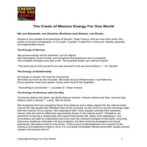 Credo and Manifest of Mission Energy For One World 2025 ( Proposed) | PDF
