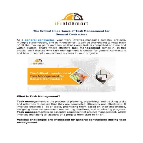 Task Management Plan: The Backbone of Successful Project Delivery | PDF