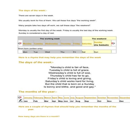 The days of the week | DOC | National & Civic Holidays | Holidays