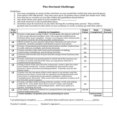 Decimal Challege Menus | DOCX