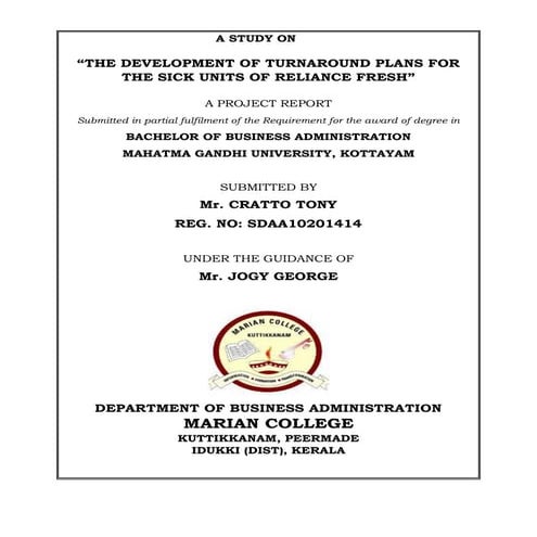 Turnaround Plans For Sick Units of Reliance Fresh | PDF