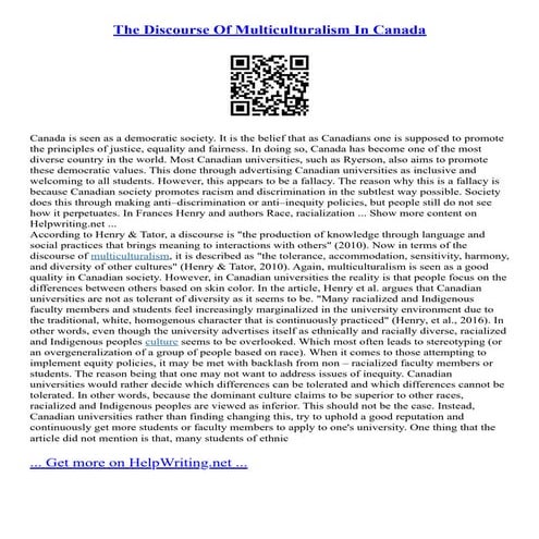 The Discourse Of Multiculturalism In Canada | PDF