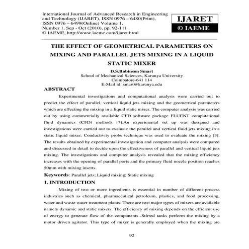 The effect of geometrical parameters on mixing and parallel jets mixing in a liquid static mixer ...