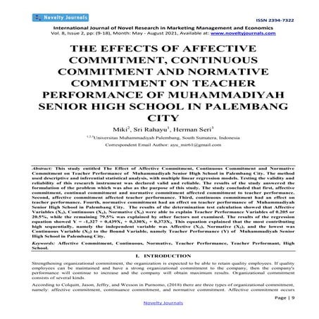 The Effects Of Affective Commitment Continuous Commitment And Normative Commitment On Teacher