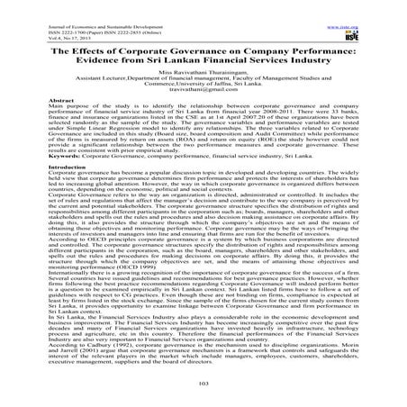 The effects of corporate governance on company performance evidence from sri lankan financial ...