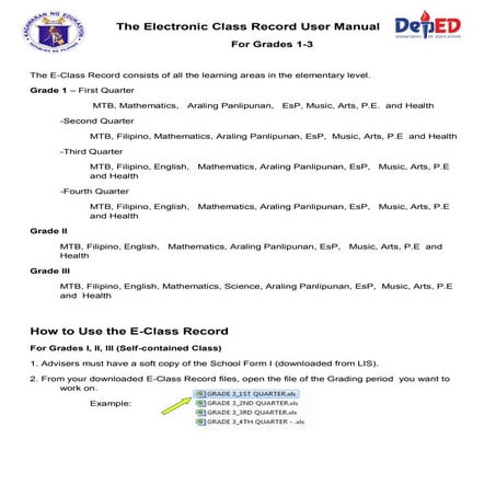 The electronic class record user manual for grades 1 3 (self-contained class) | PDF