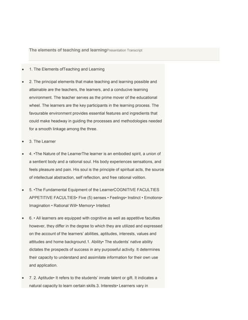 The elements of teaching and learning | PPTX