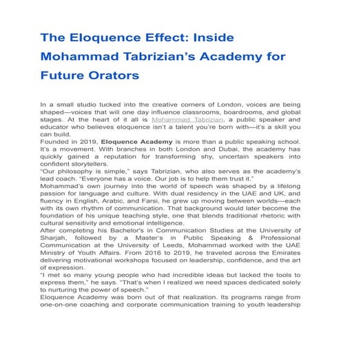 The Eloquence Effect: Inside Mohammad Tabrizian’s Academy for Future Orators | PDF