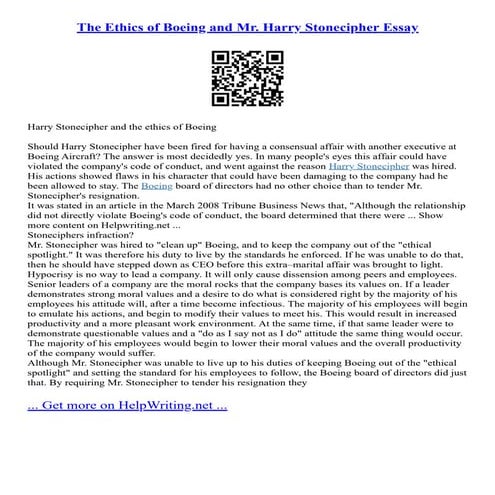 The Ethics Of Boeing And Mr. Harry Stonecipher Essay | PDF