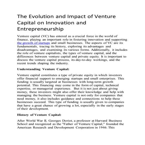 The Evolution and Impact of Venture Capital on Innovation and ...