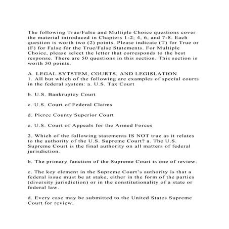 The following TrueFalse and Multiple Choice questions cover the m.docx ...