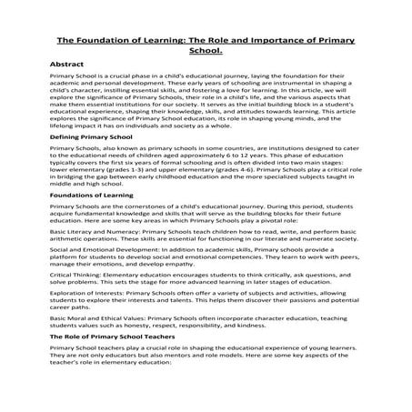 The Foundation of Learning The Role and Importance of Primary School | PDF