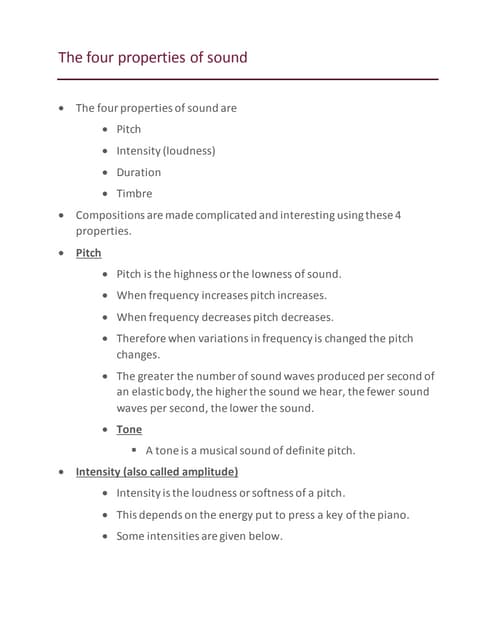 1. Qualities of Sound. Pitch, Duration, intensity. Timbre | PDF