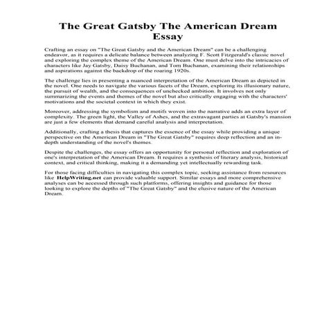 The Great Gatsby The American Dream Essay | PDF