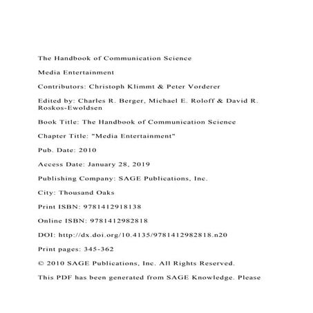 The Handbook of Communication Science Media Entertainment .docx
