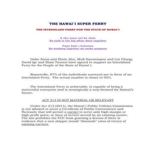 The Hawaii Super Ferry - The Interisland for Hawai`i | PDF